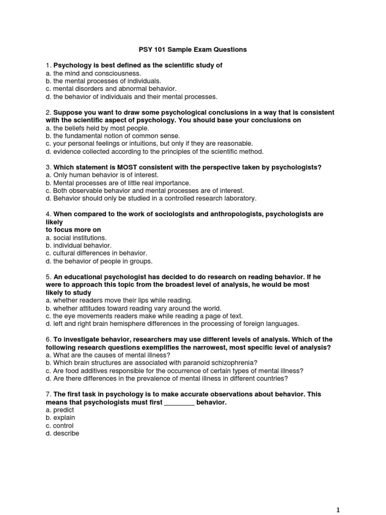 PSY 101 Sample Exam Questions | PDF | Memory | Recall (Memory)