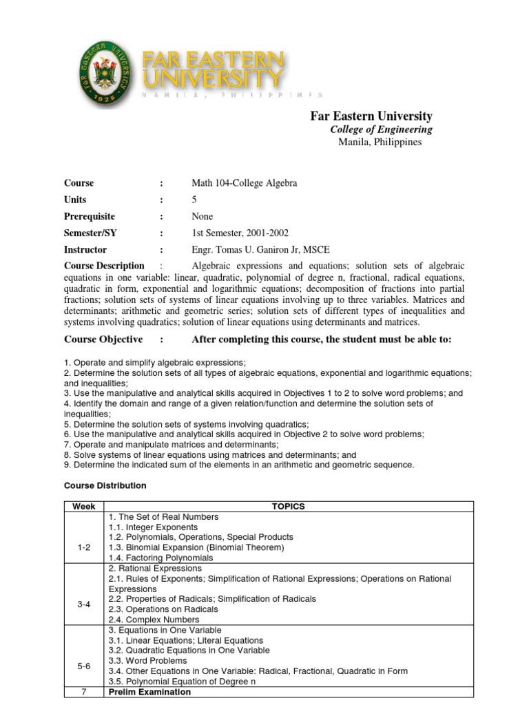 Math 104 (College Algebra) Syllabus | PDF | Equations | Algebra