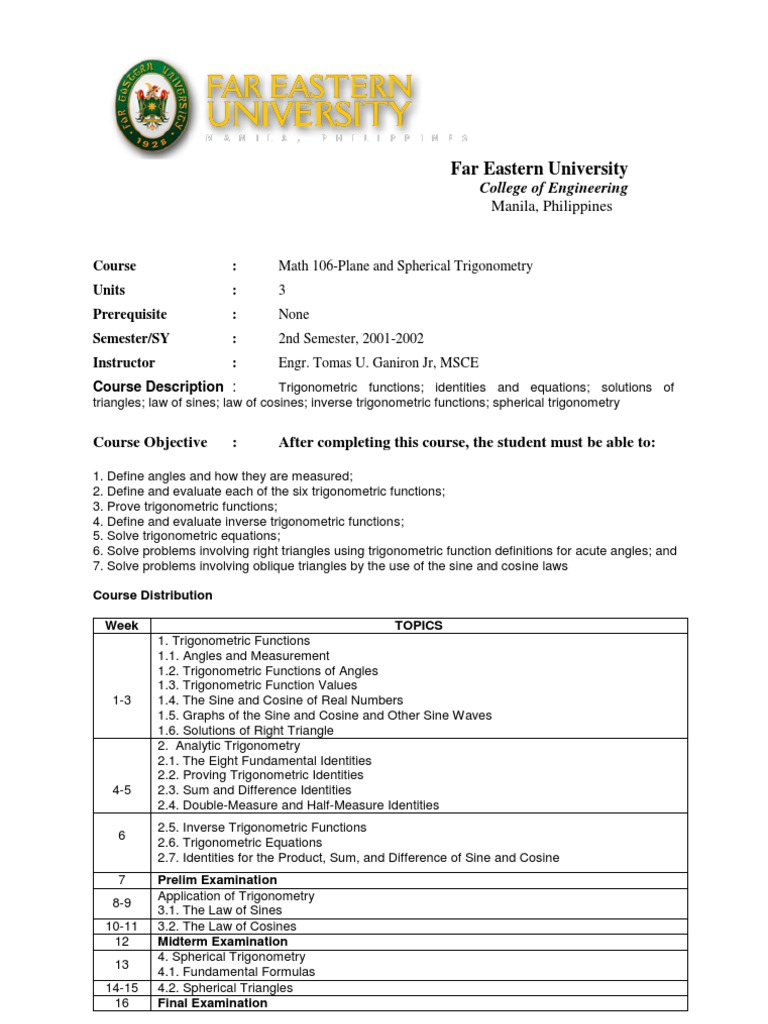 Math 106 (Plane and Spherical Trigonometry) Syllabus | PDF
