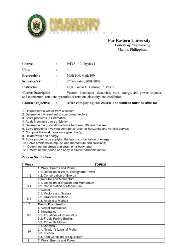 Phys 112 (Physics 1) Syllabus | PDF