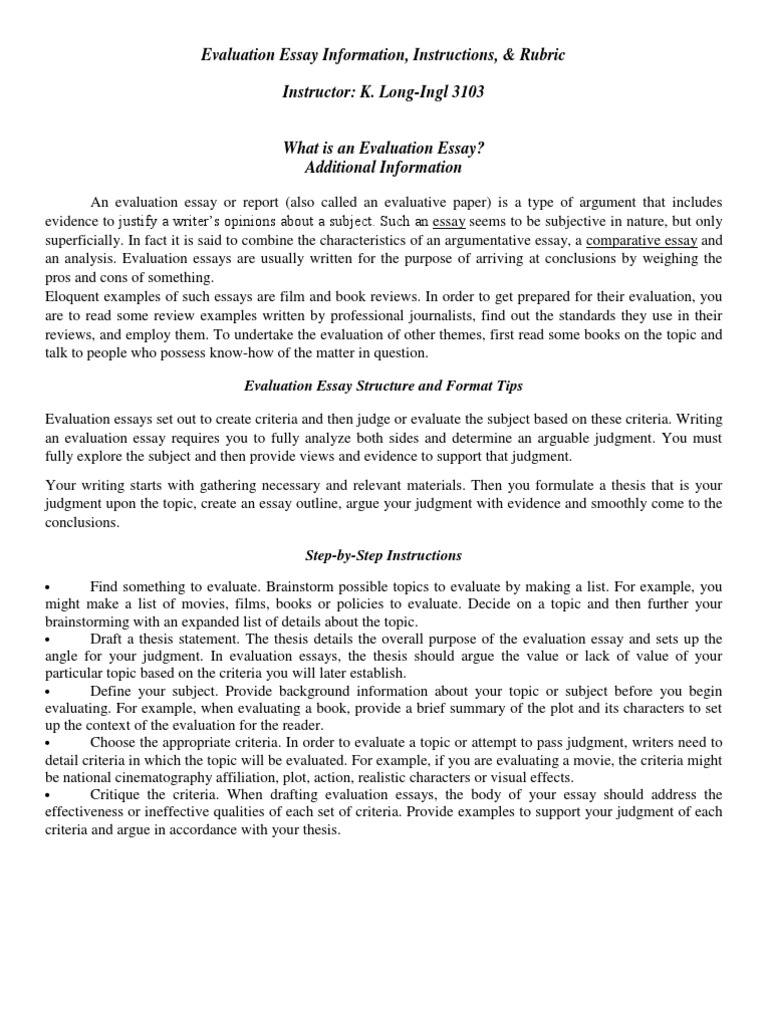 Evaluation Essay Instructions and Rubric | PDF | Essays | Argument