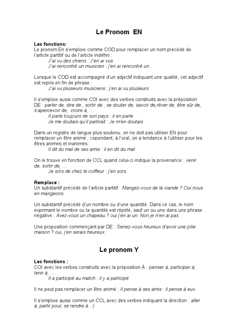 Usage des pronoms "en" et "y" | PDF | Nom (grammaire) | Complément d'objet