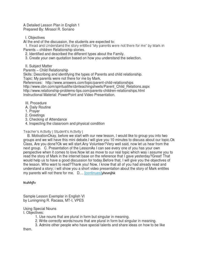 A Detailed Lesson Plan in English 1 | PDF | Lesson Plan | English Language