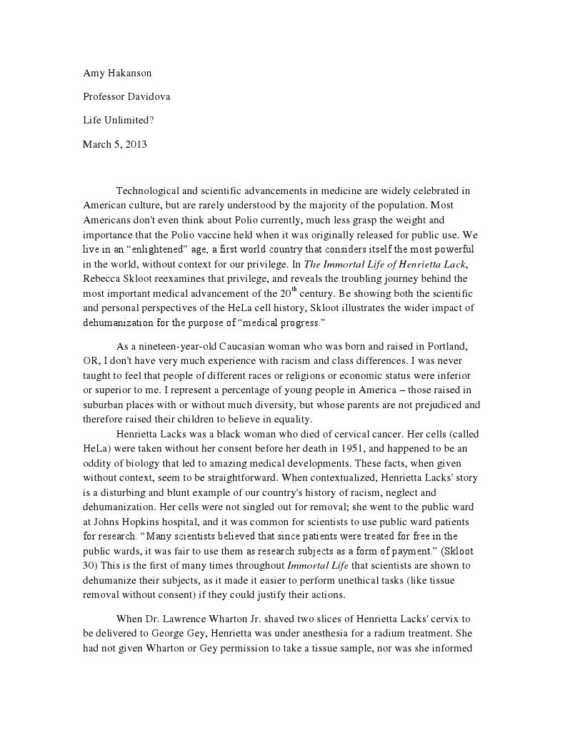 Henrietta Lacks Paper Second Draft 1 | PDF | He La | Medicine