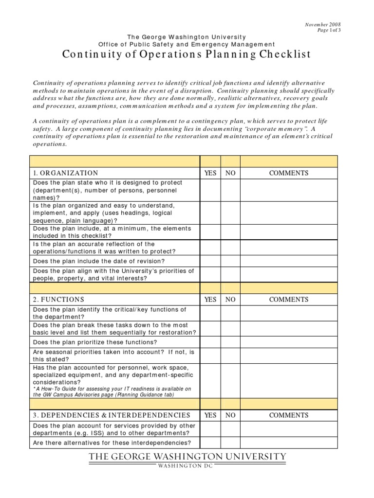 Continuity of Operations Planning Checklist | PDF | Emergency ...