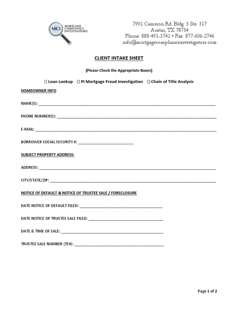 New Client Intake Sheet | Mortgage Fraud | Mortgage Law