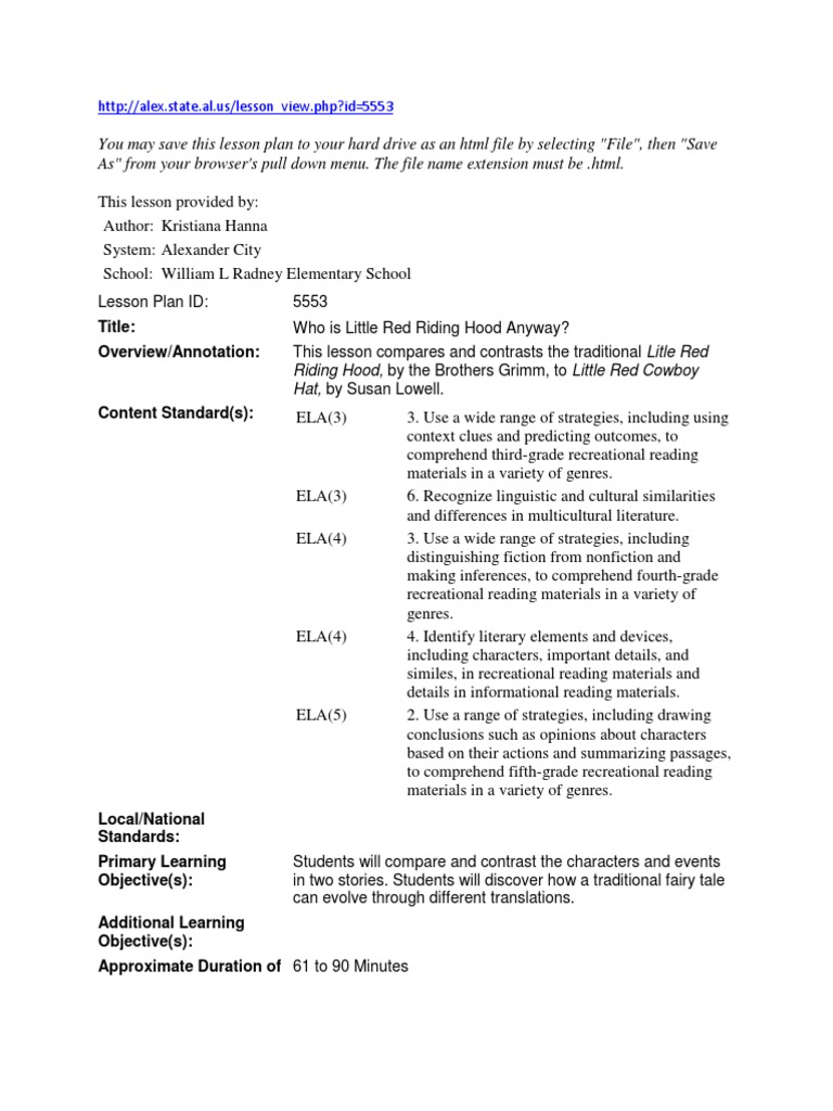 Lesson Plan Red Riding Hood | PDF | Reading (Process) | Little Red ...