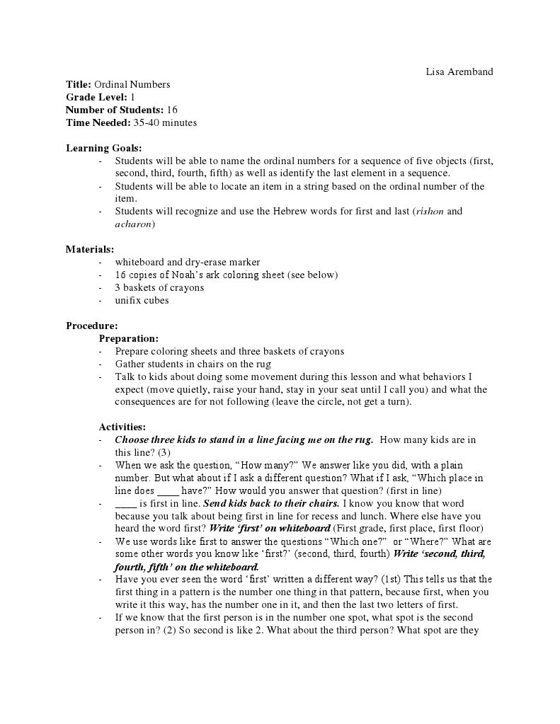 BR Ordinal Numbers Lesson Plan | PDF | Noah's Ark | Communication