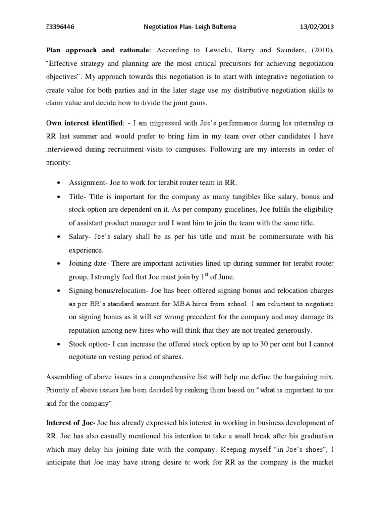 Negotiation Plan | Negotiation | Employment