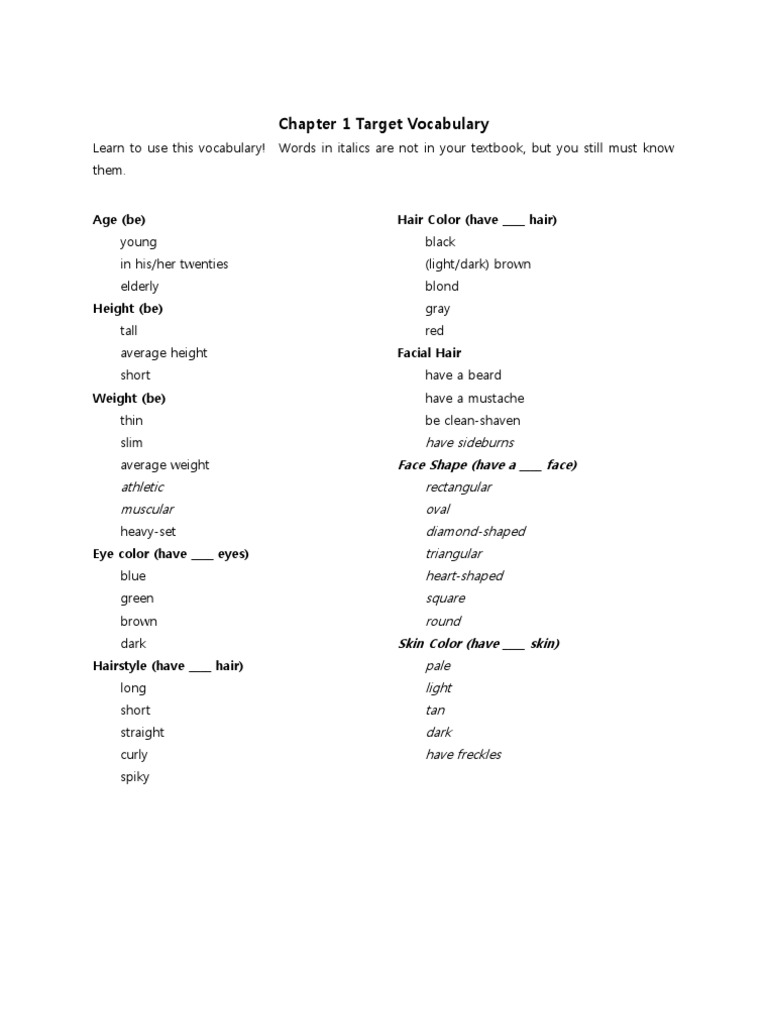 Chapter 1 Target Vocabulary For Description | PDF | Lifestyle