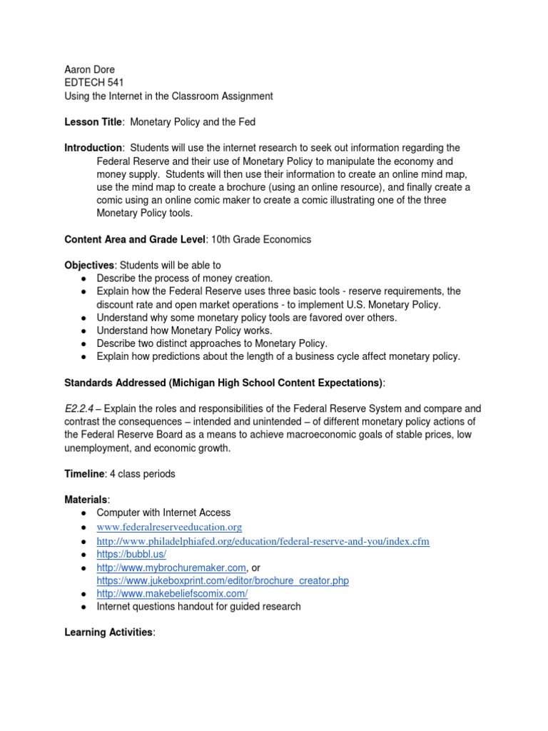Monetary Policy - Internet Lesson Plan | PDF | Monetary Policy ...