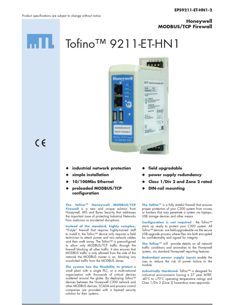 Tofino™ 9211-ET-HN1: Honeywell MODBUS/TCP Firewall | PDF | Firewall (Computing) | Computer Network