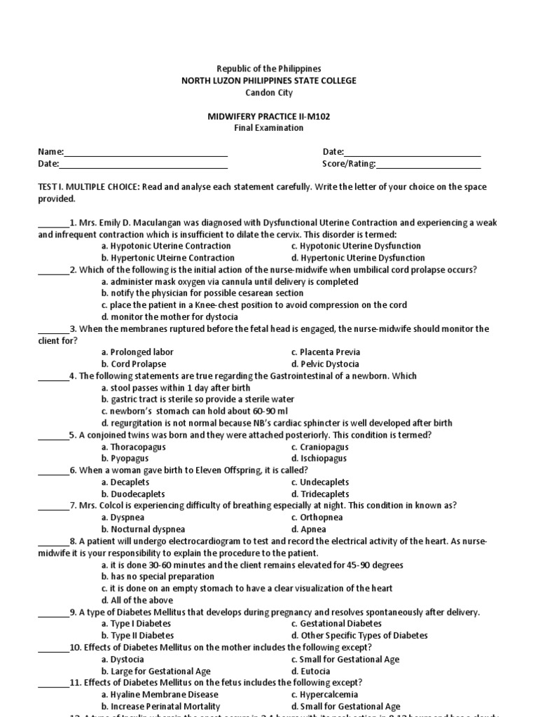 Midwifery Practice II Exam Questions | PDF | Diabetes Mellitus | Childbirth