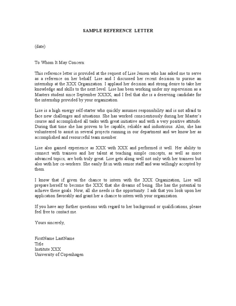Sample Reference Letter