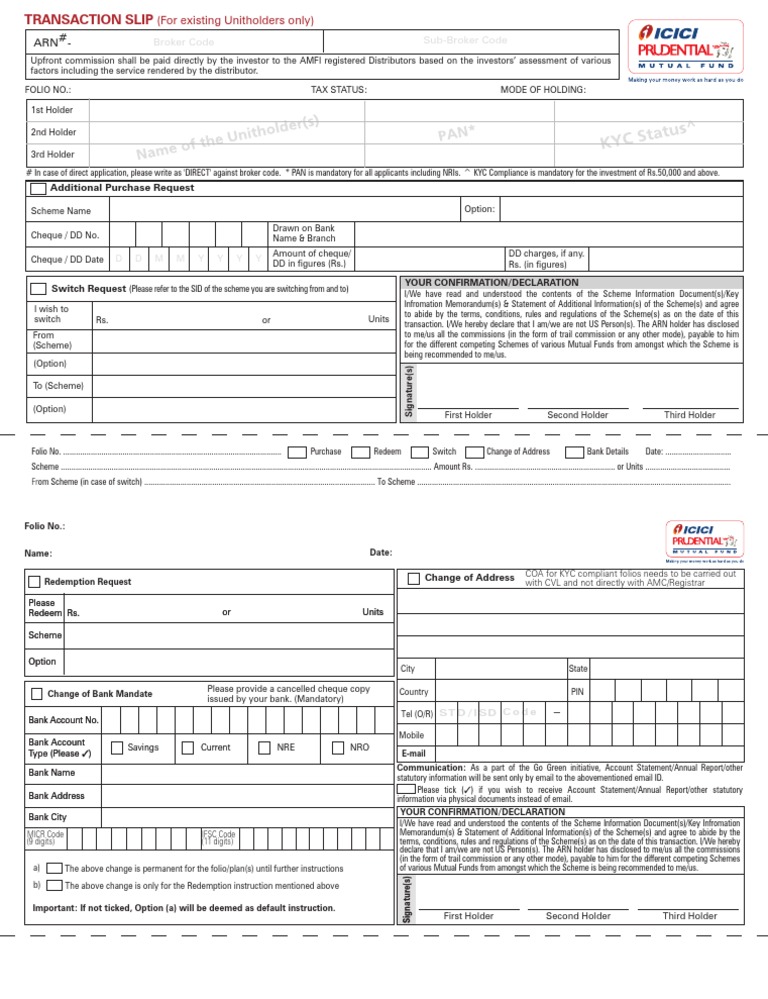 Transaction Slip: (For Existing Unitholders Only) | PDF | Mutual Funds ...