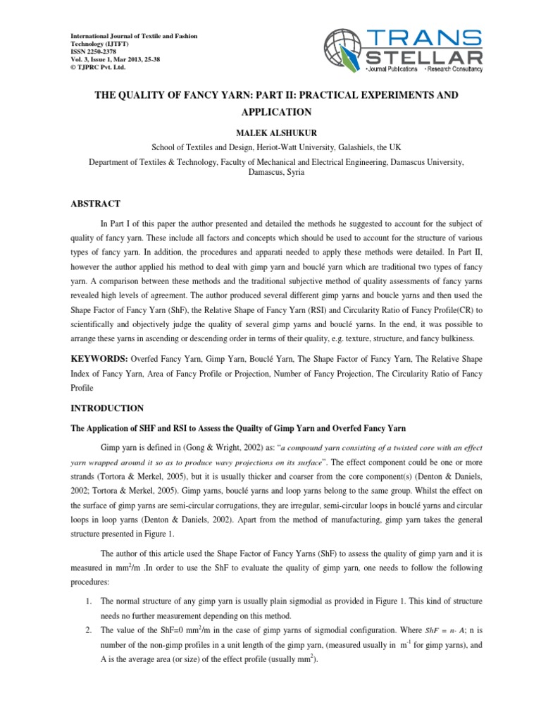 The Quality of Fancy Yarn: Part Ii: Practical Experiments and ...