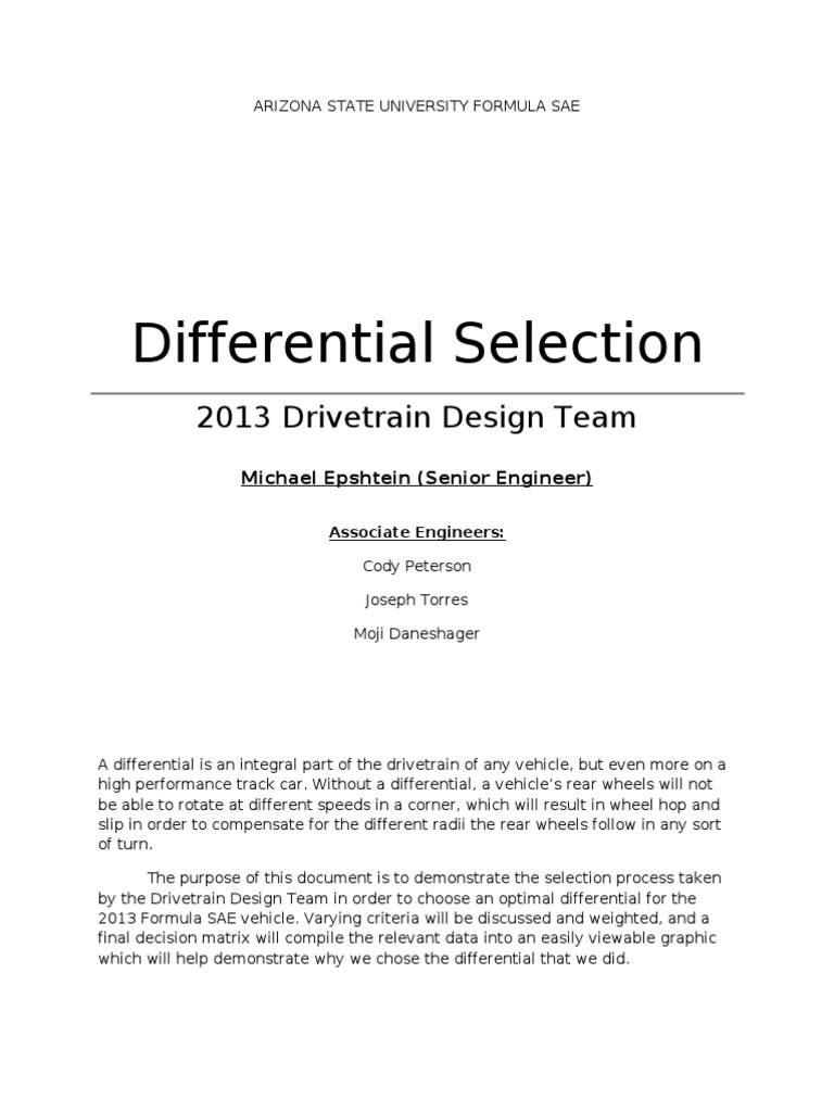 Differential Selection Report | Download Free PDF | Clutch | Automobiles