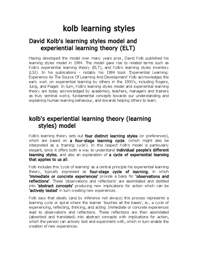 David Kolb's Learning Styles Model and Experiential Learning Theory ...