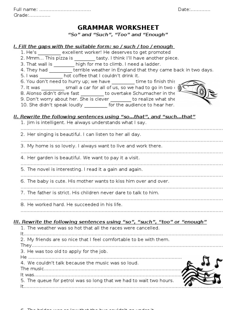 So, Such, Too, Enough Worksheet | PDF