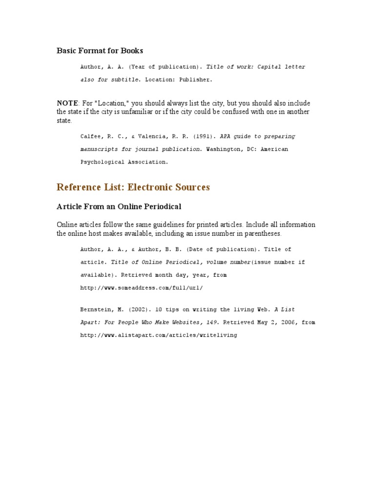 Reference List: Electronic Sources: Basic Format For Books | PDF