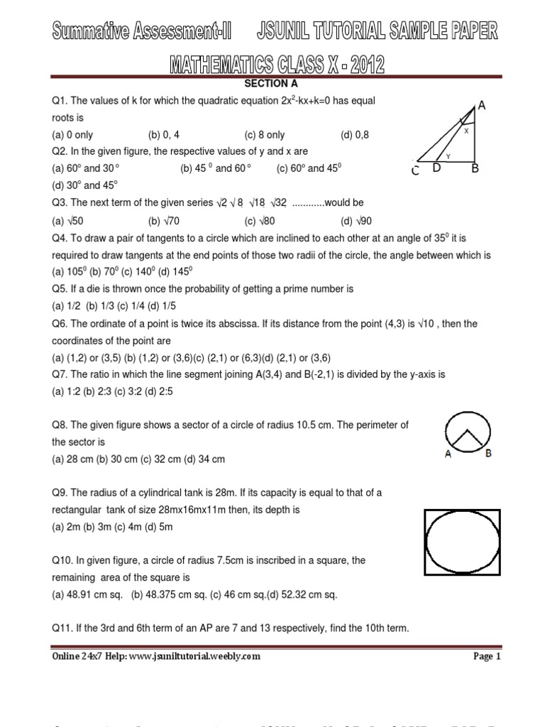 10th Maths Sample Paper 2011-2012 - 1 | PDF | Triangle | Area