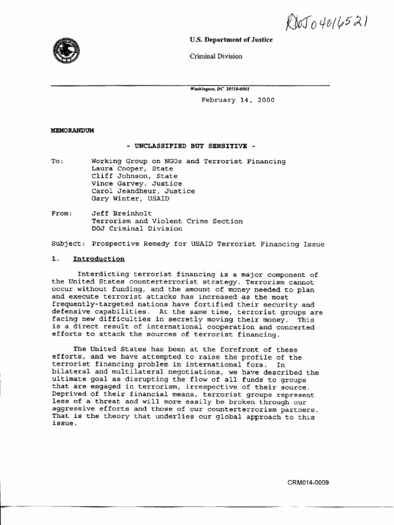 2000 DoJ Memo about USAID and Terrorism Finance from 9/11Commission ...