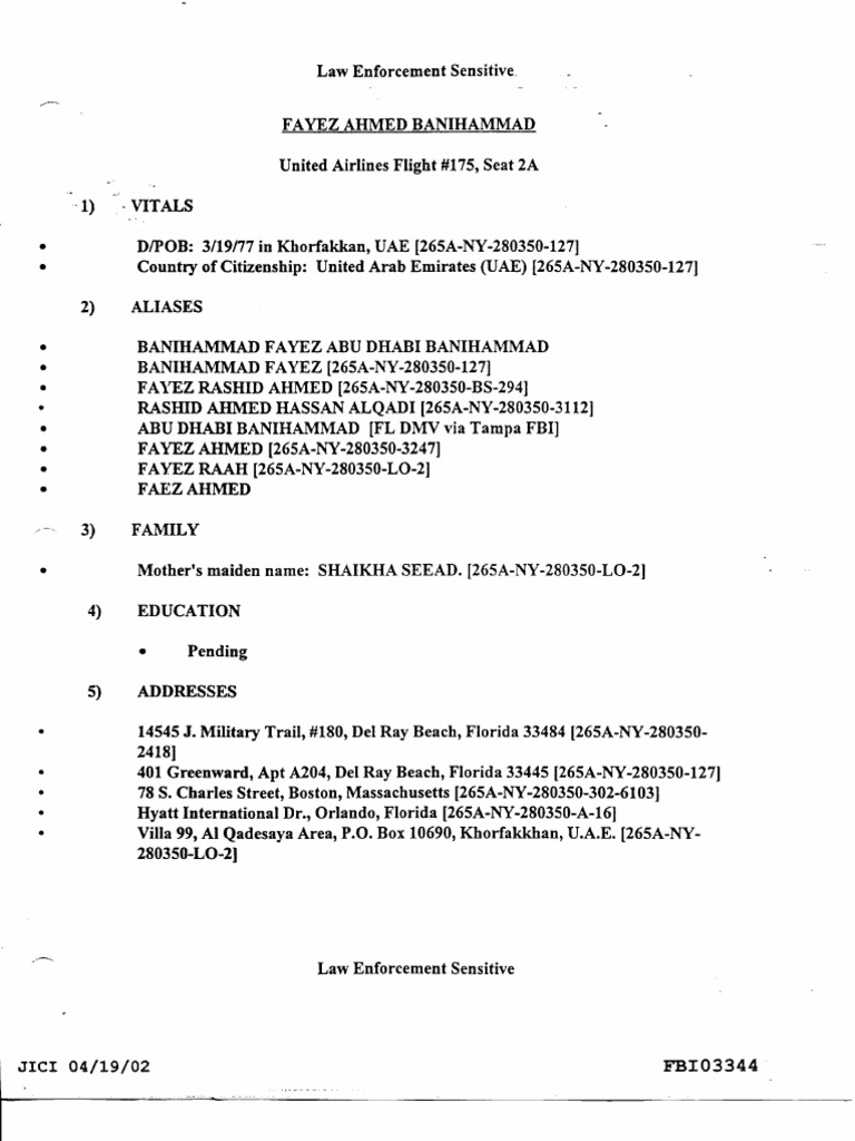 Fbi Summary About Alleged Flight 175 Hijacker Fayez Ahmed Banihammad