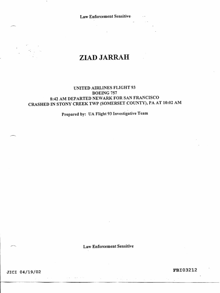 FBI Summary about Alleged Flight 93 Hijacker Ziad Jarrah | United ...