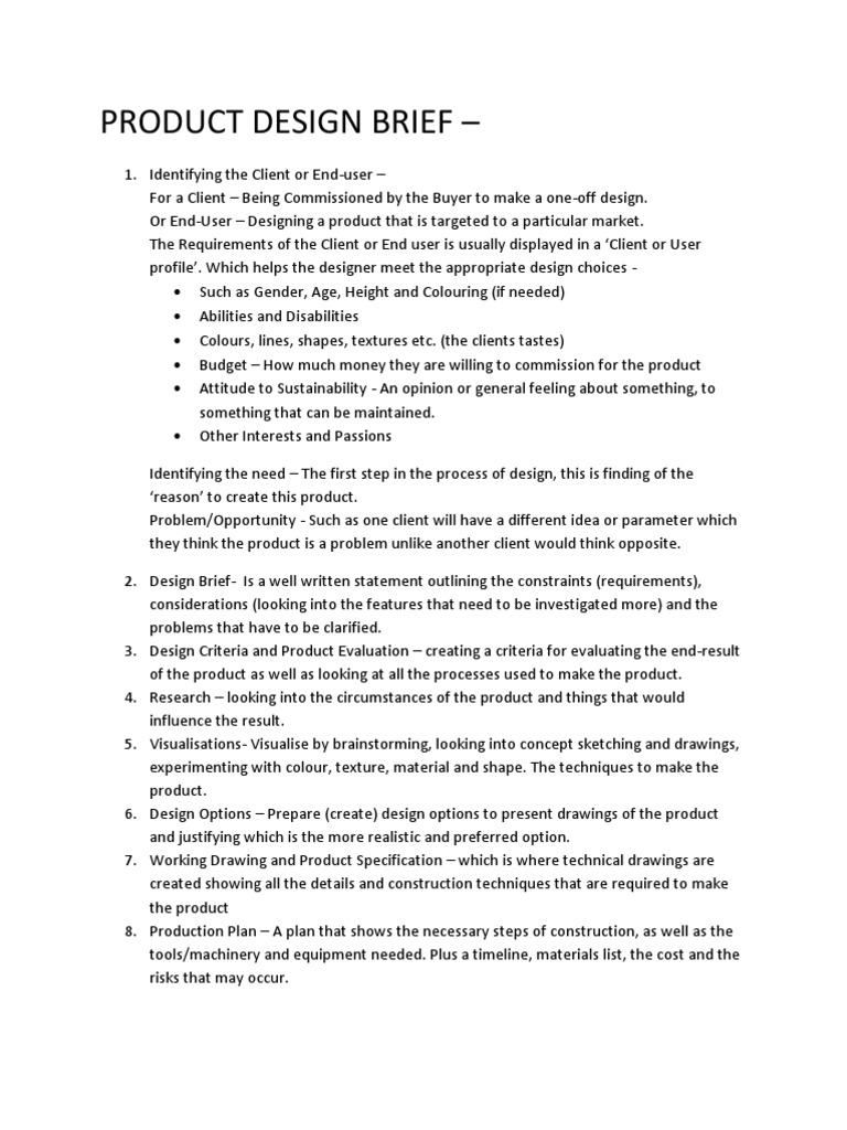 Product Design Brief - Identifying Client Needs and Requirements | PDF ...