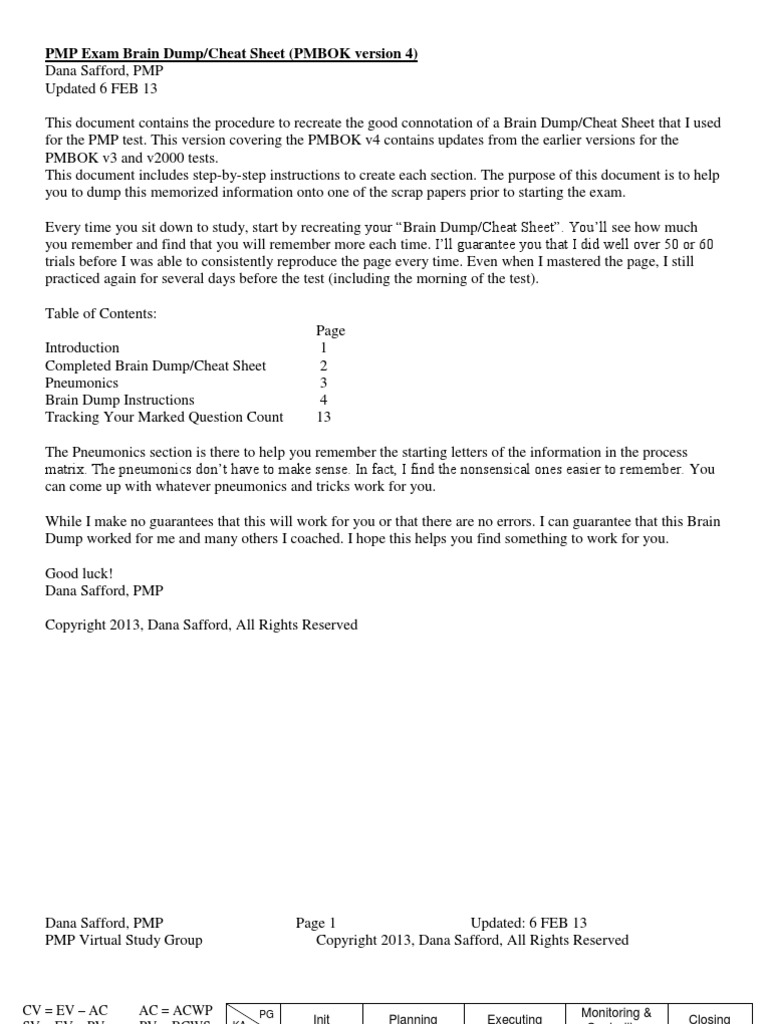 PMP Exam PMBoK V4 Brain Dump-Cheat Sheet 6 FEB 13 | Motivation | Self ...