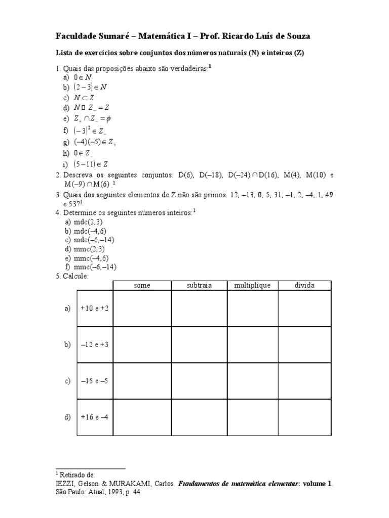 2 Lista De Exercicios Sobre Conjuntos Numericos N E Z