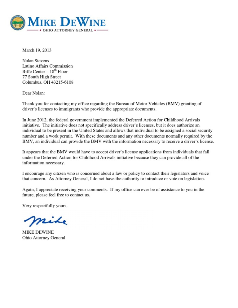 BMV-DACA Letter From Attorney General DeWine | PDF