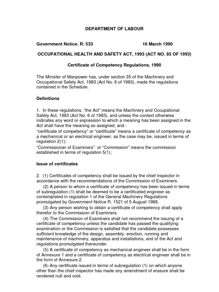 Labour Department Certificate Regulations | PDF | Occupational Safety ...