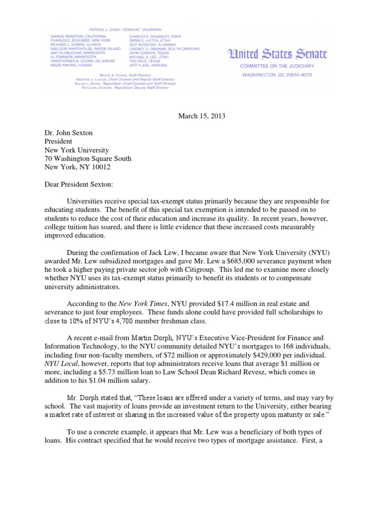 Grassley NYU Letter | PDF | Loans | Mortgage Loan