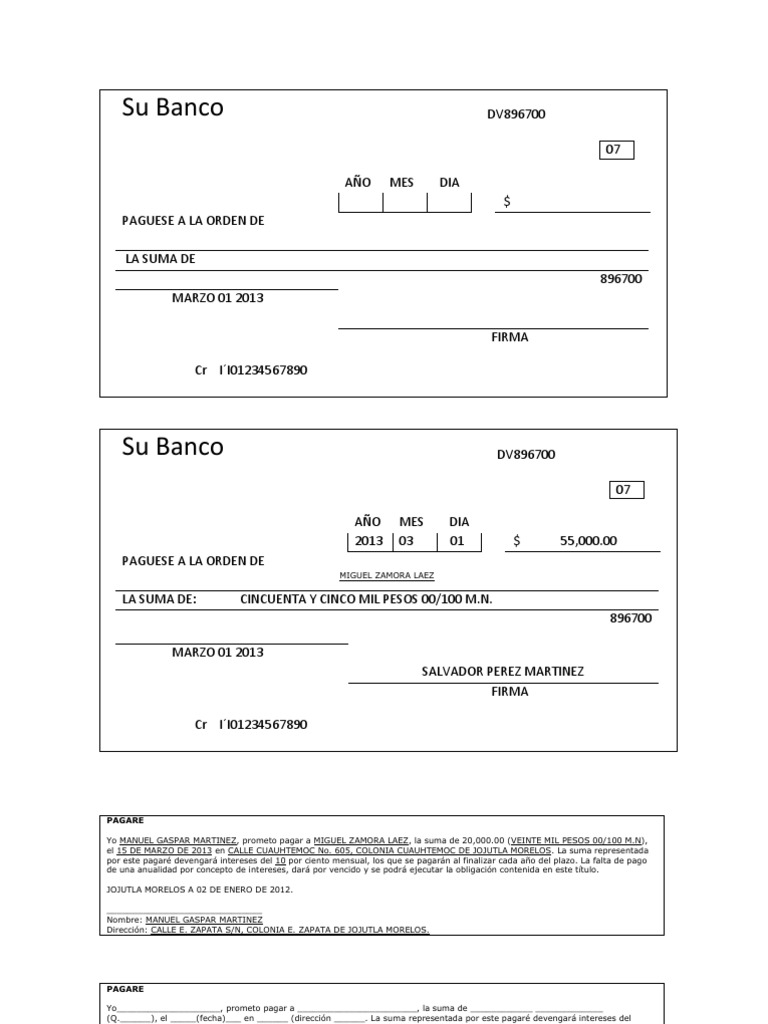 Formatos Pagare, Letra de Cambio, Cheque.