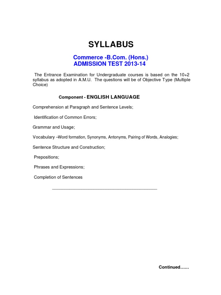 Syllabus of B.com Entrance in Amu | PDF | Test (Assessment) | Integral
