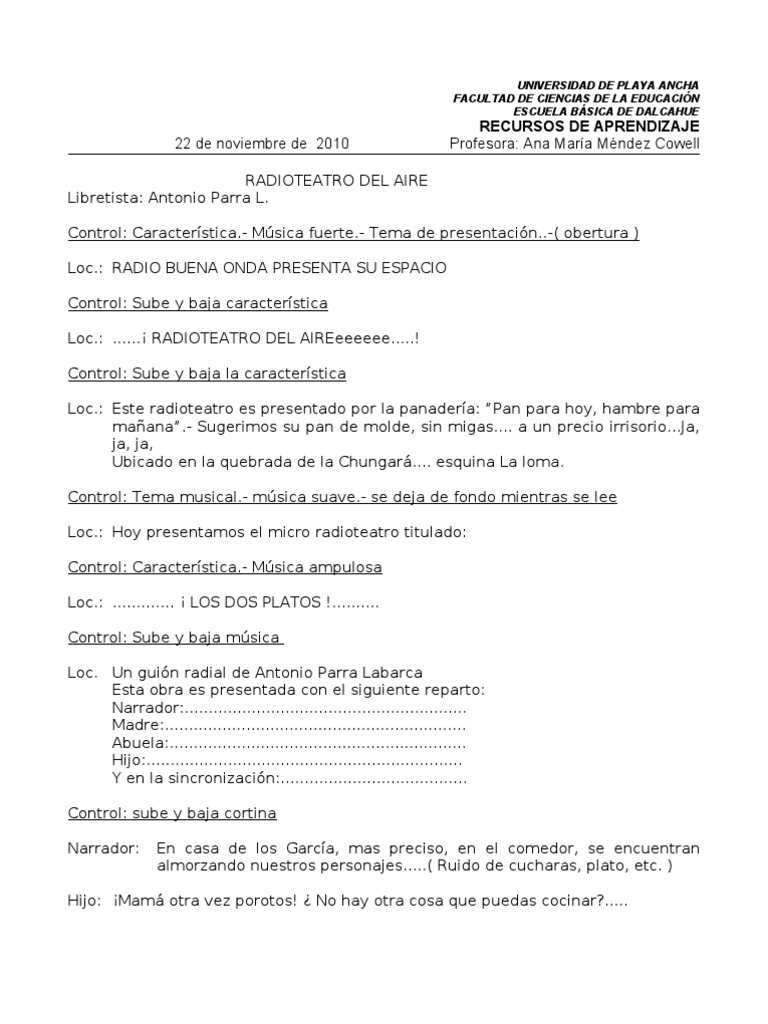 Ejemplo de Libreto de Radioteatro | Alimentos | Ocio