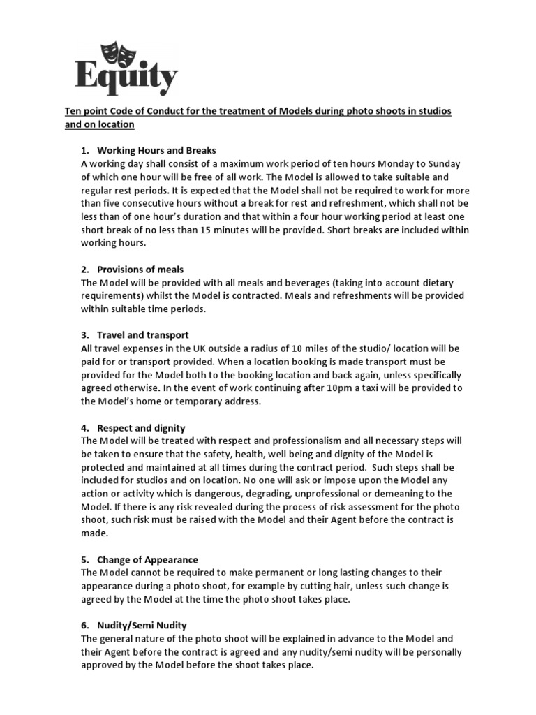 Ten Point Code of Conduct For The Treatment of Models During Photo ...