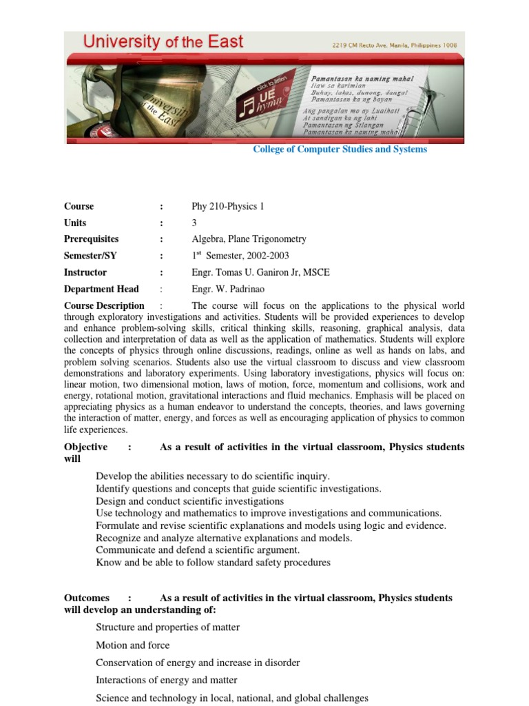 Phy 210: Physics 1 Course Syllabus | PDF | Physics | Scientific Method