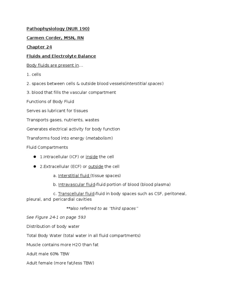 Pathophysiology (NUR 190) Carmen Corder, MSN, RN Fluids and Electrolyte ...