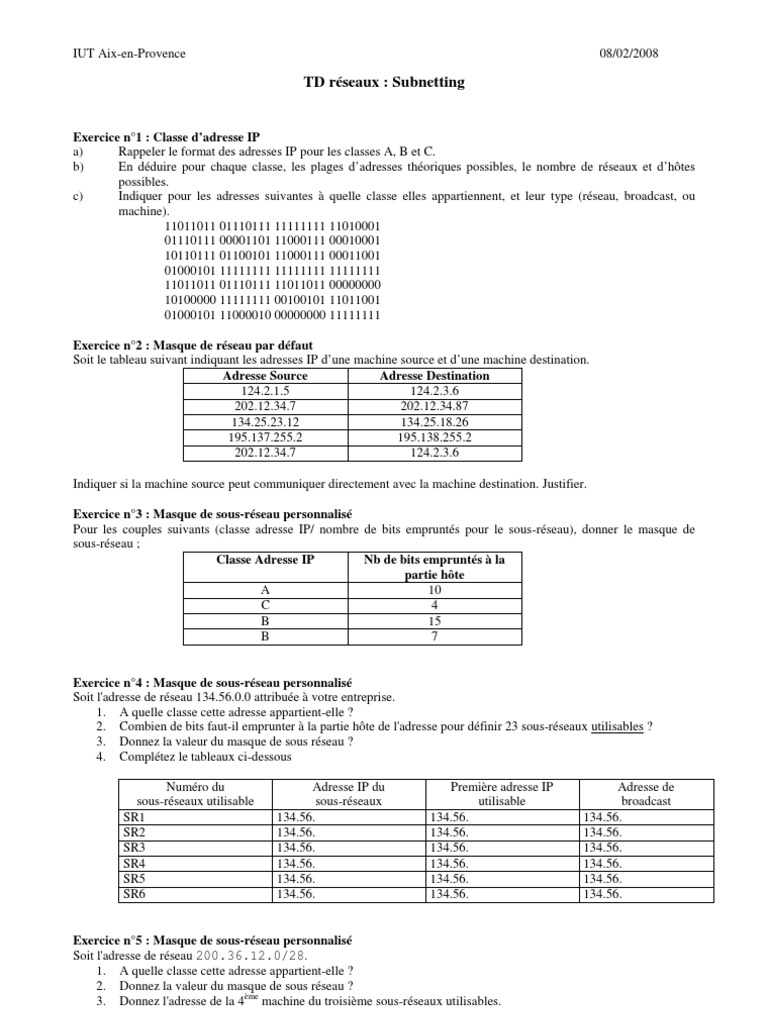 TD Subnetting | PDF | Ordinateurs