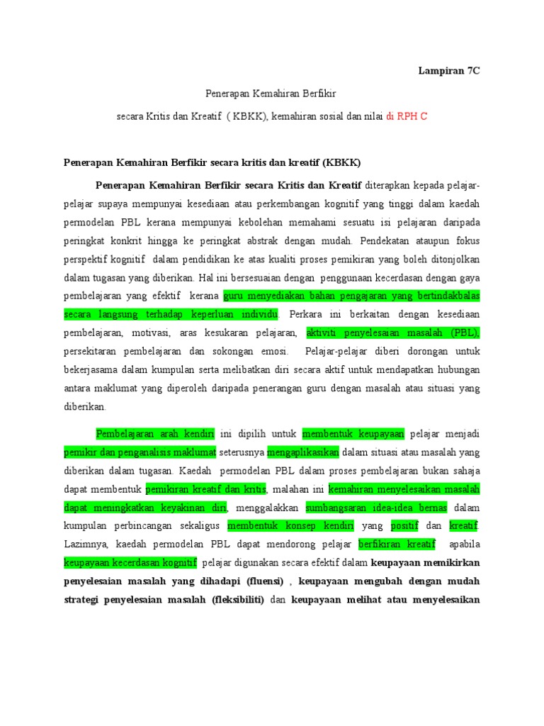 Huraian Penerapan KBKK, Kemahiran Sosial Dan Nilai Dalam RPH C | PDF