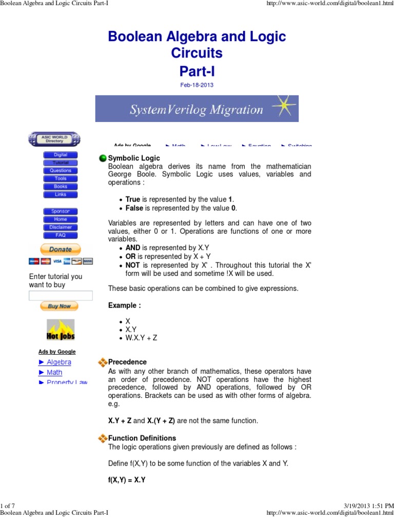 Boolean Algebra and Logic Circuits Part-I | Download Free PDF | Boolean ...