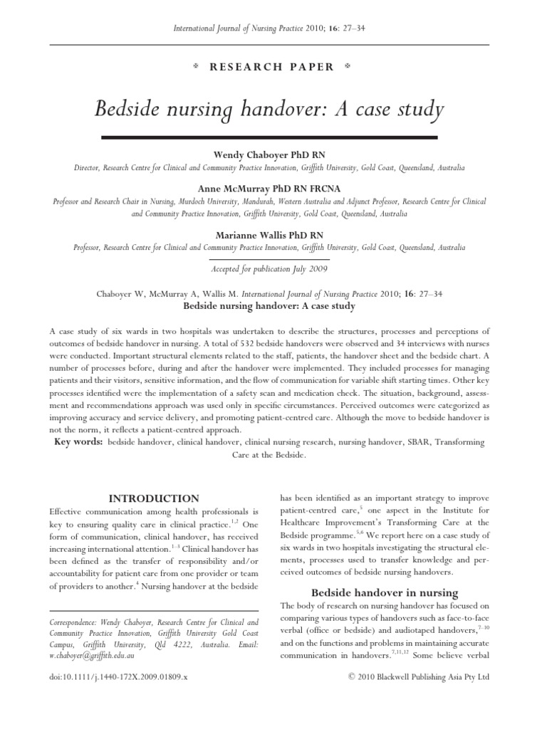 Bedside Nursing Handover A Case Studyijn - 1809 | PDF | Nursing | Patient