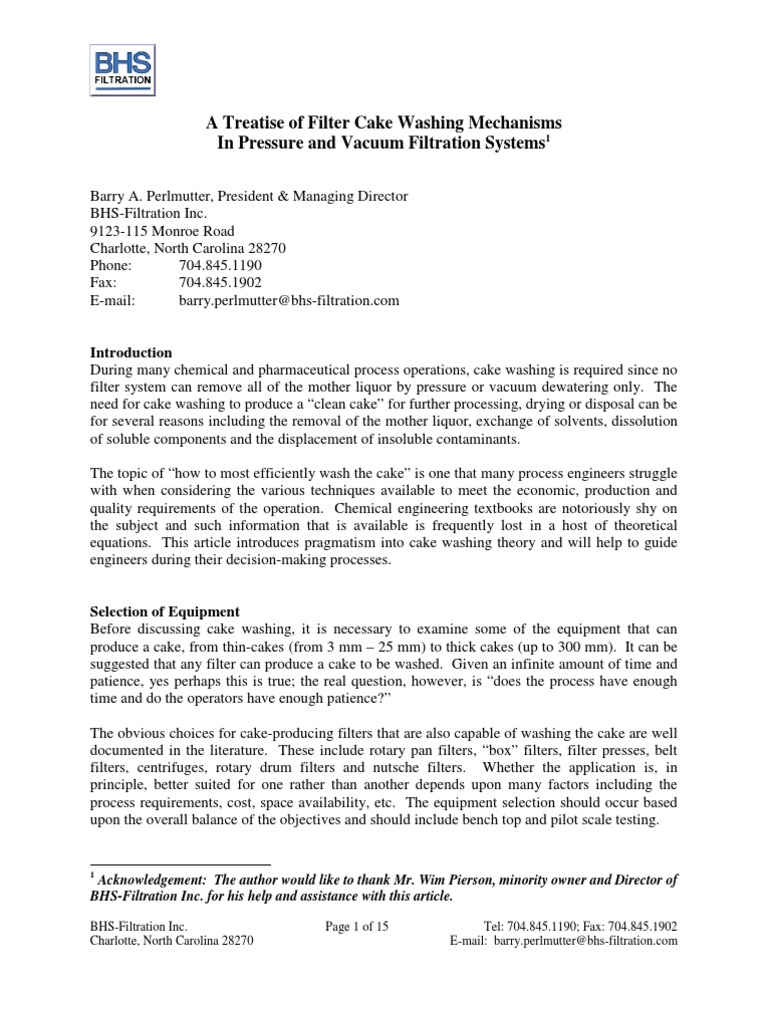 Bhs Filter Cake Washing Mechanisms | PDF | Filtration | Pump
