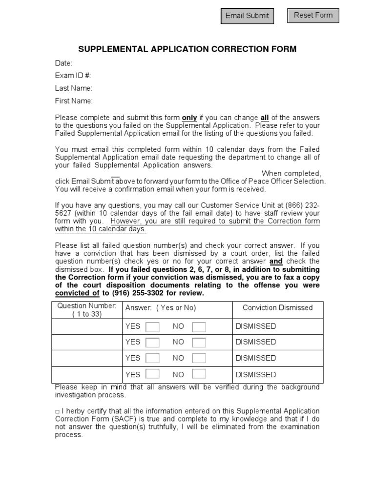 Supplemental Application Correction Form: Email Submit | PDF