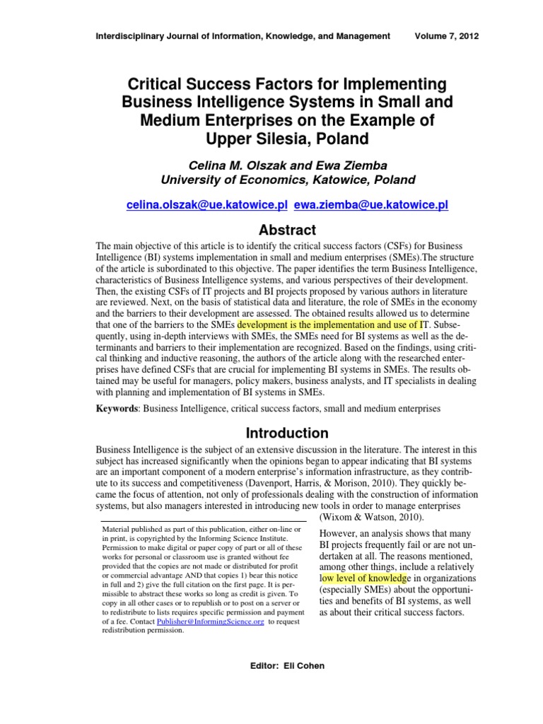 Critical Success Factors For Implementing Business Intelligence Systems in Small and Medium ...
