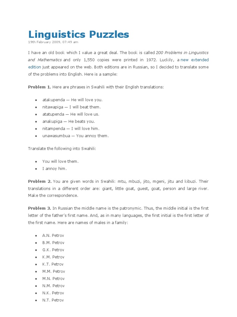 Linguistics Puzzles | PDF | Grammatical Gender | Noun