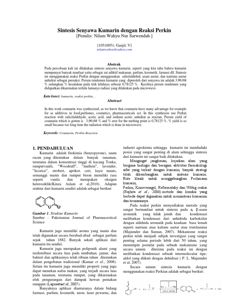 Sintesis Senyawa Kumarin Dengan Reaksi Perkin | PDF