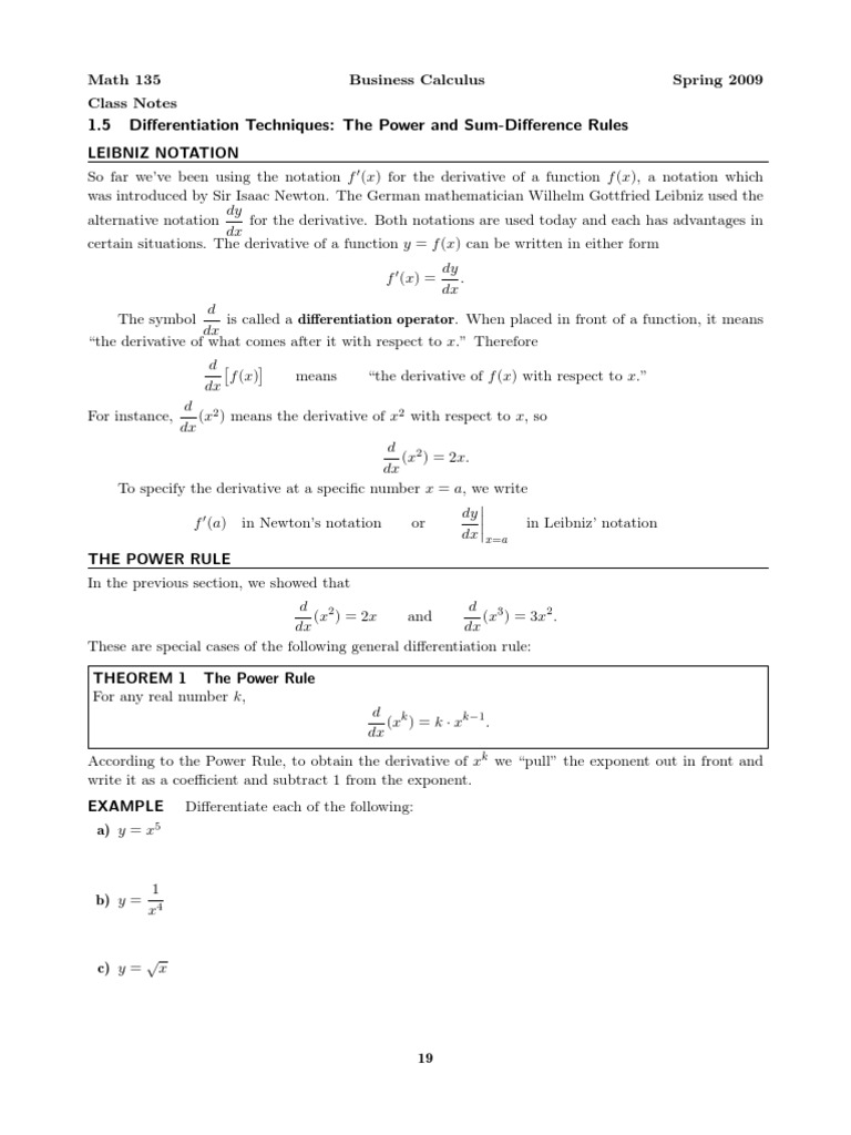 1 5 Differentiation Techniques Power And Sum Difference Rules Pdf